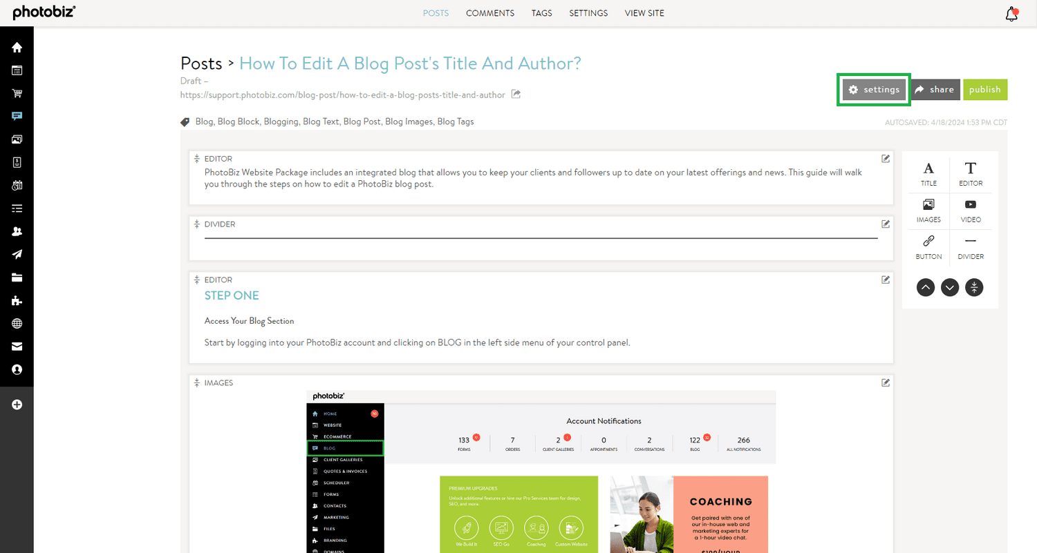How To Edit Blog Post Meta Data - PhotoBiz Knowledge Base